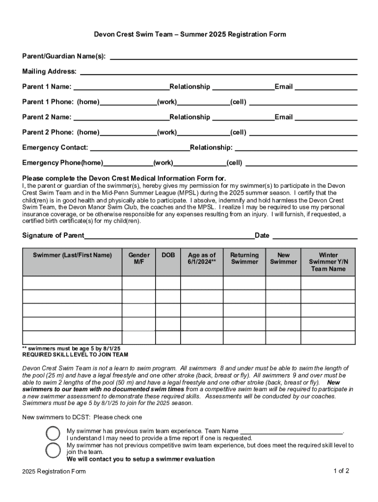 Fillable Online 2025 Swim Team Registration Form Fax Email Print - pdfFiller