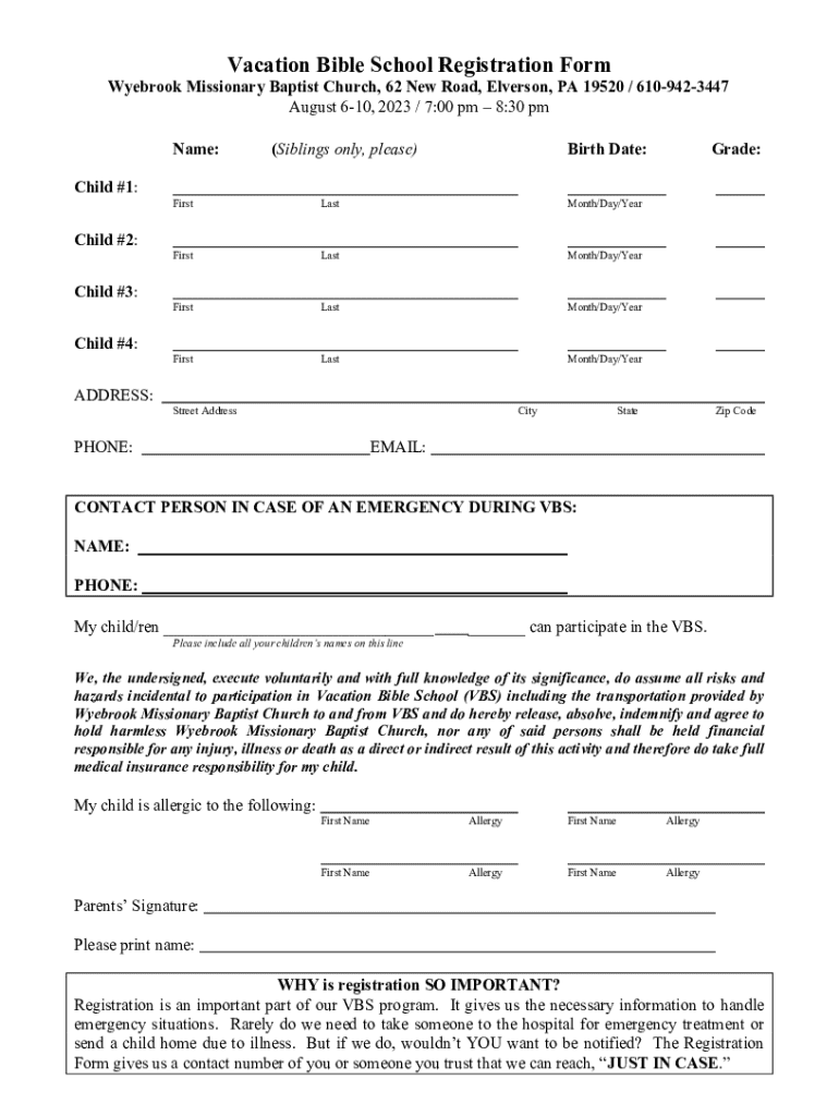 Fillable Online Vacation Bible School Registration Form Fax Email Print ...