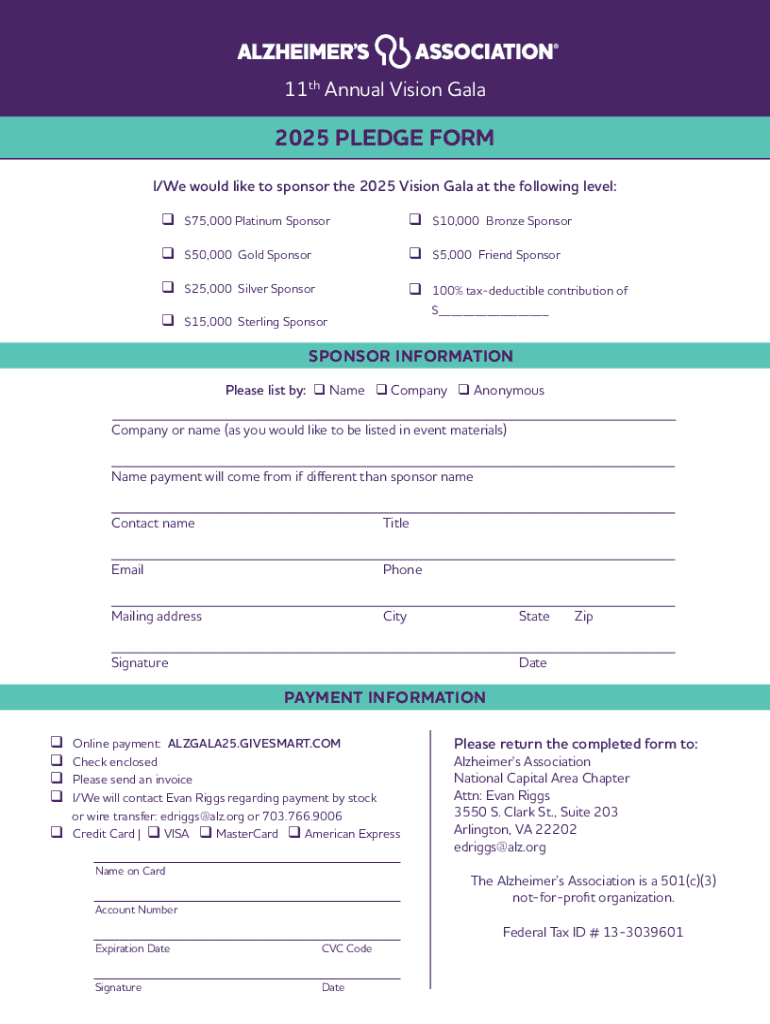 Fillable Online 11th Annual Vision Gala Sponsorship Pledge Fax Email ...