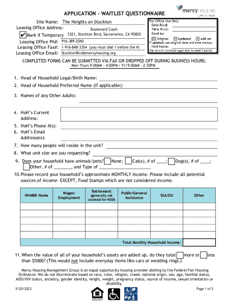 Fillable Online Waitlist Questionnaire for Housing Application Fax ...