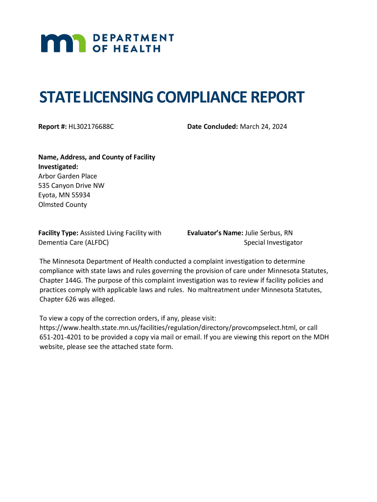 Fillable Online State Licensing Compliance Report for Arbor Garden ...