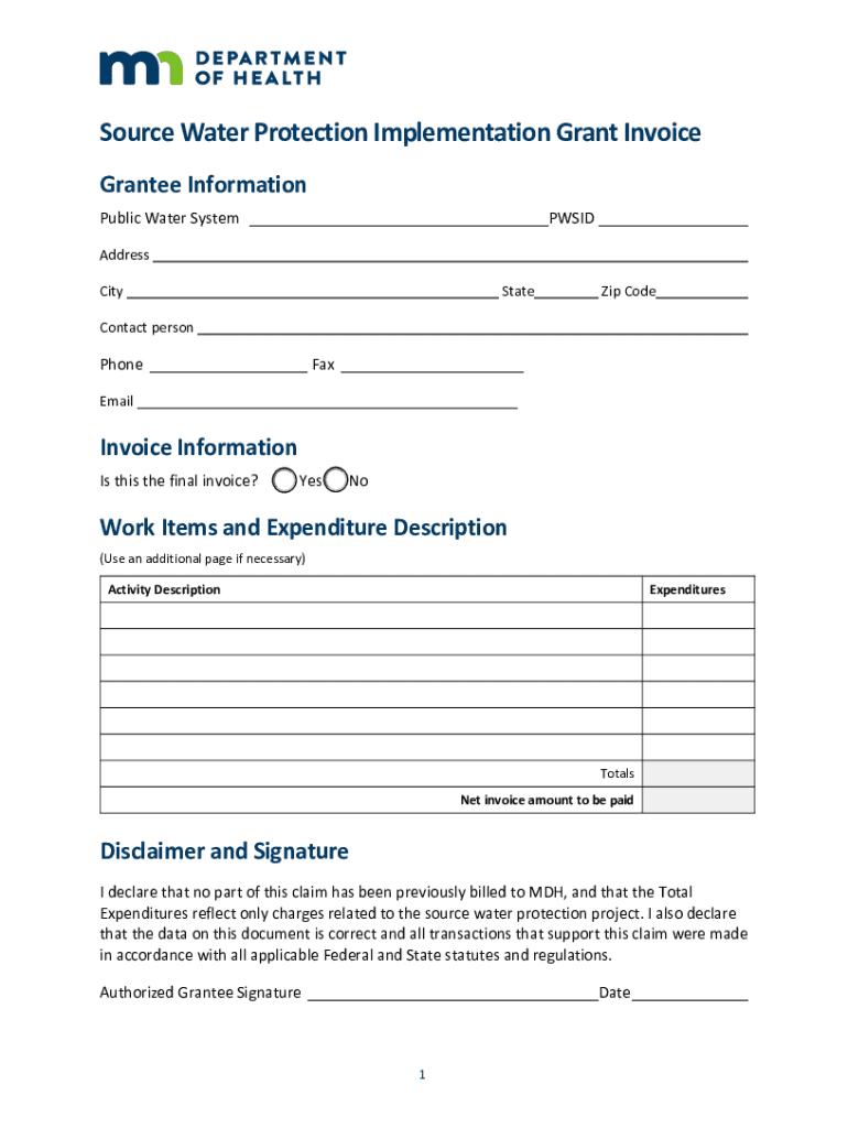 Fillable Online Source Water Protection Implementation Grant Invoice ...