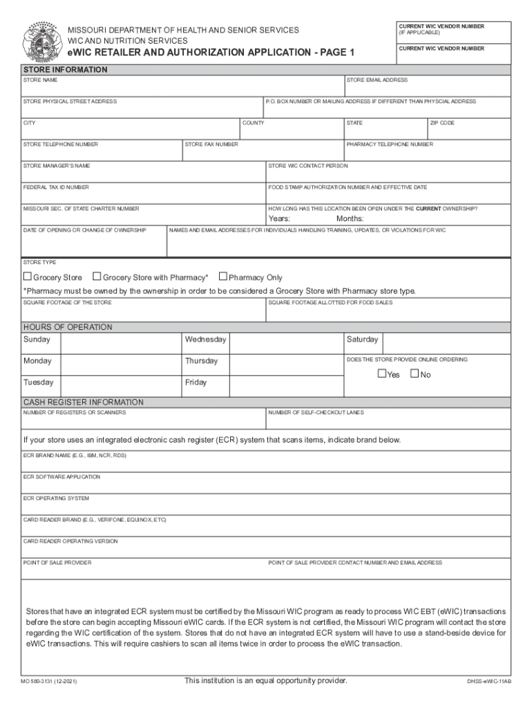 Fillable Online Ewic Retailer Authorization Application - Missouri Department of Health and ...