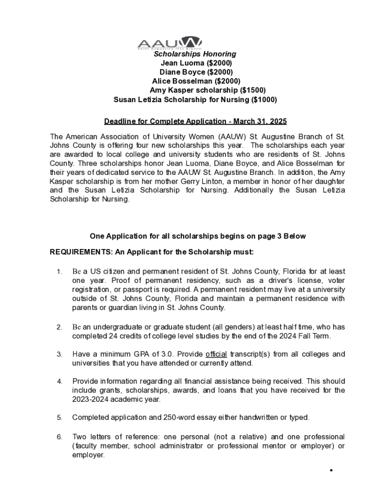 Fillable Online Aauw St. Augustine Branch Scholarship Application Fax Email Print - pdfFiller