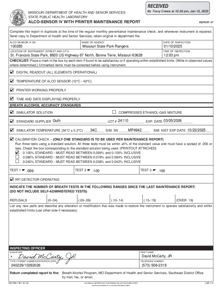 Fillable Online Alco-sensor Iv Maintenance Report Fax Email Print ...