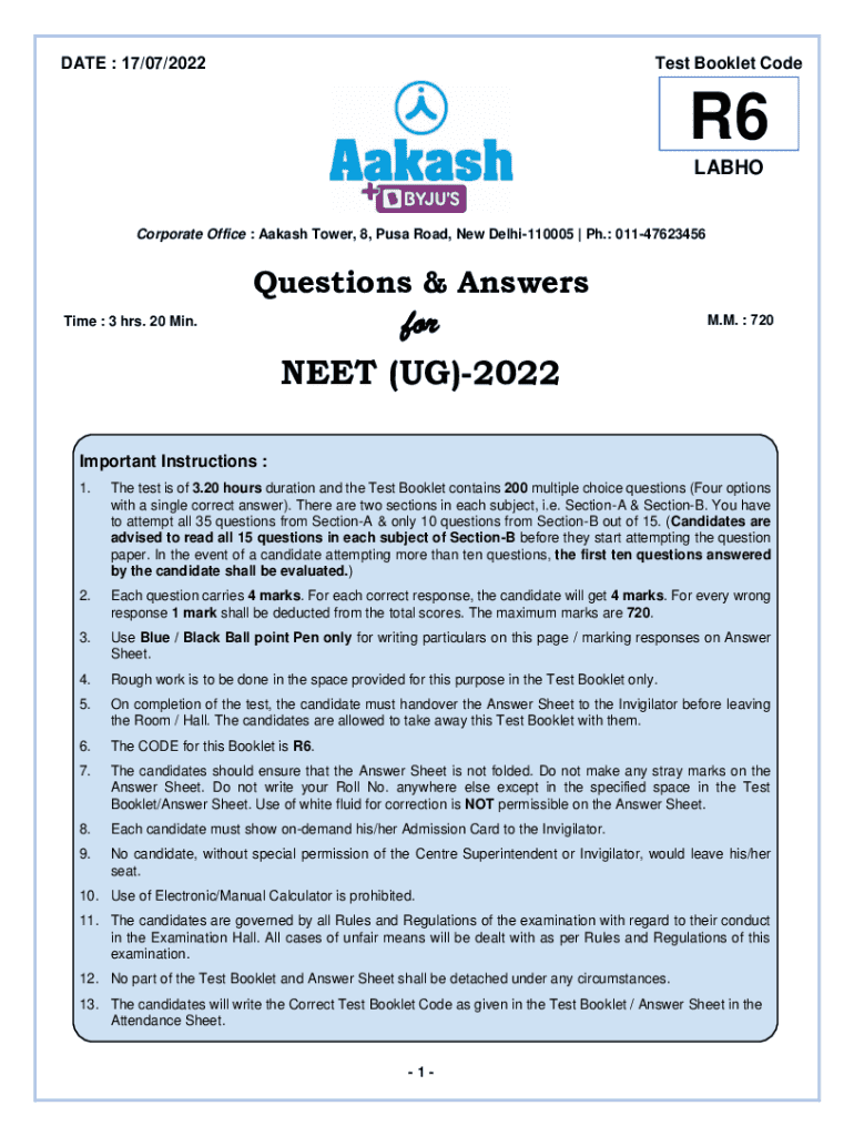 Fillable Online Neet (ug)-2022 Test Booklet Code R6 Fax Email Print ...
