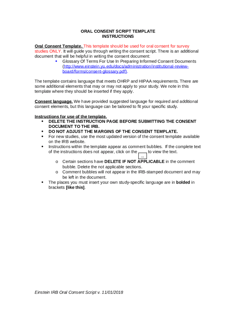 Oral Consent Script Template Doc Template | pdfFiller