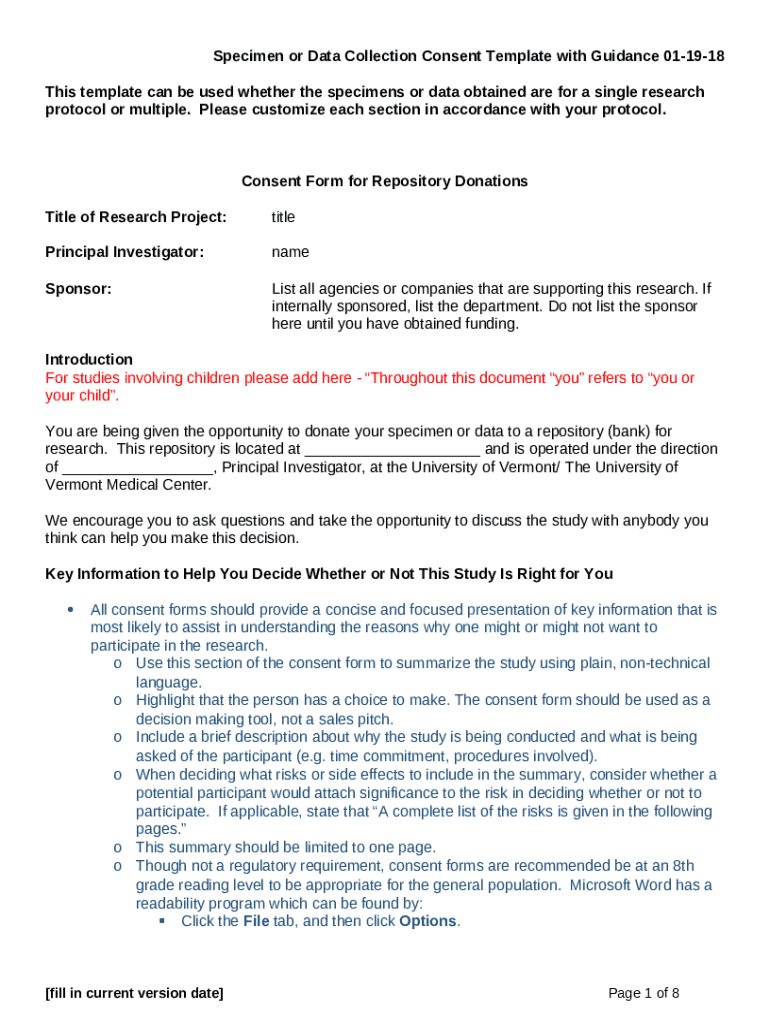 Specimen or Data Collection Consent Template With Guidance 01-19-18 Doc ...