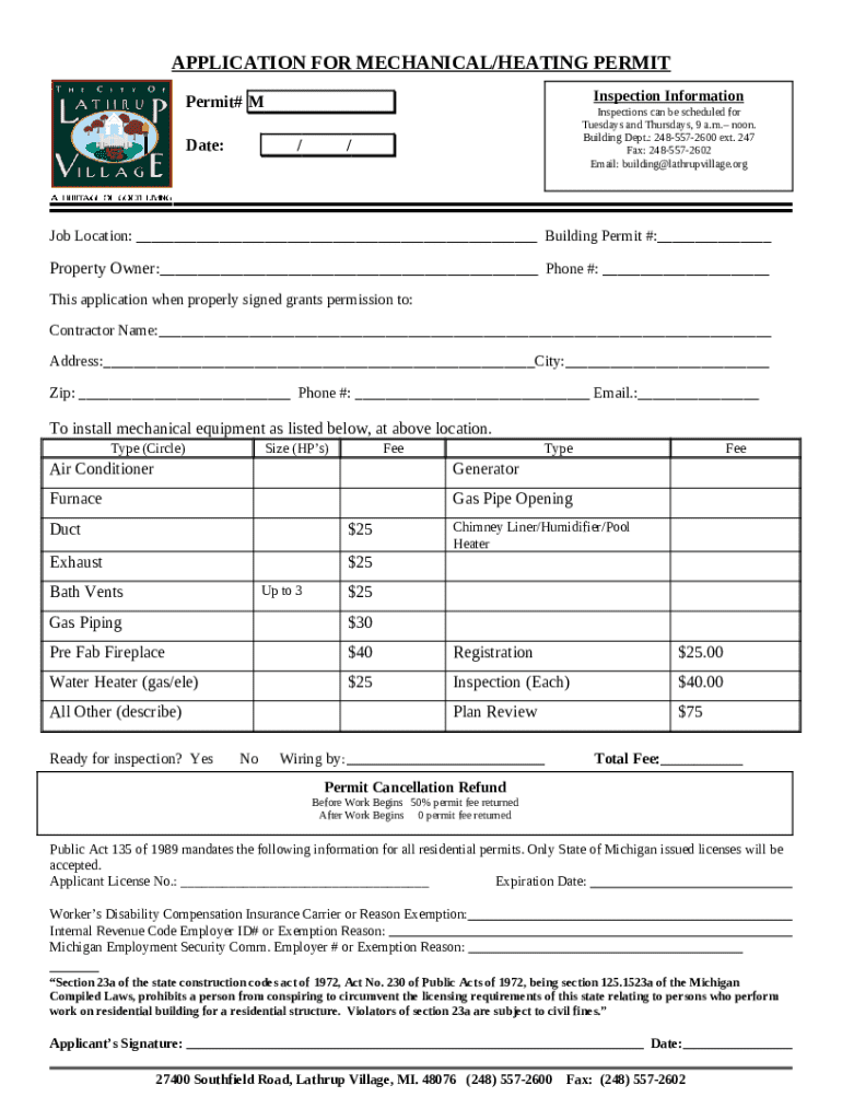 Application for Mechanical/heating Permit Doc Template | pdfFiller
