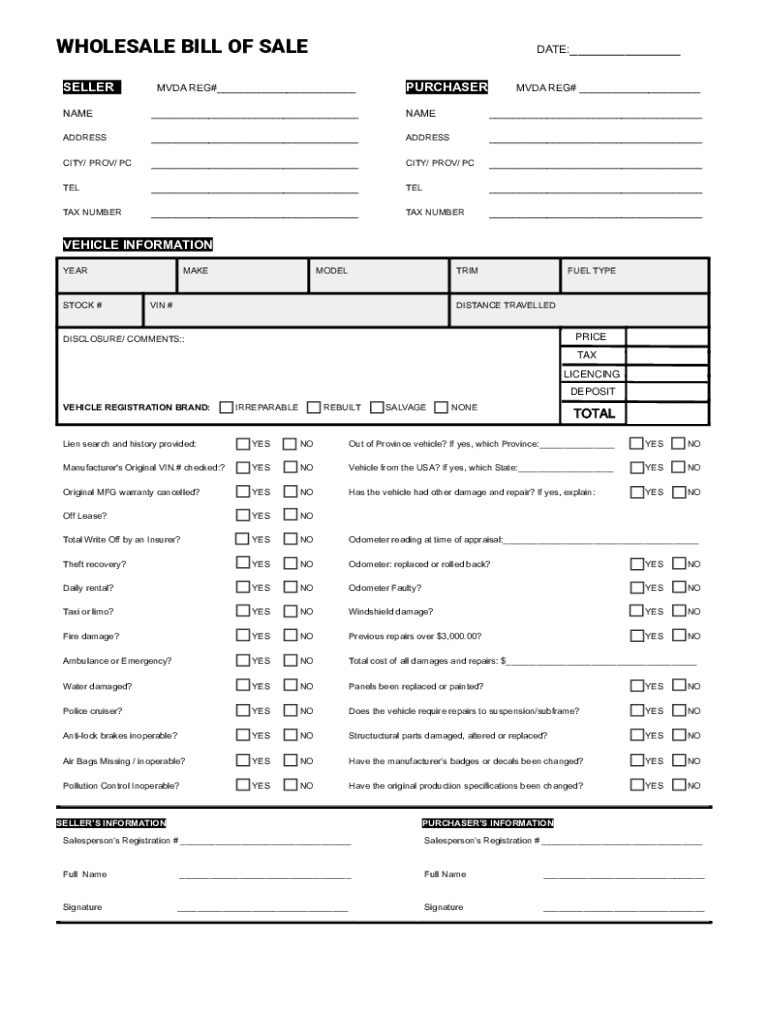 Fillable Online Wholesale Bill of Sale for Vehicle Fax Email Print ...