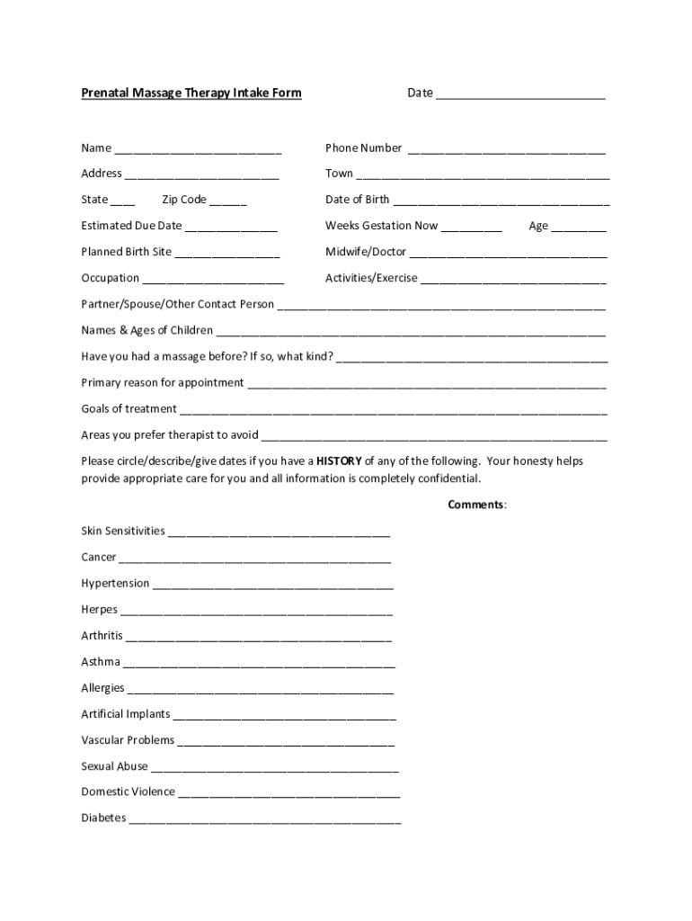 Fillable Online Prenatal Massage Therapy Intake Form Fax Email Print ...
