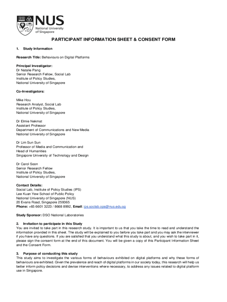 Fillable Online Participant Information Sheet and Consent Form for Behaviours on Digital ...