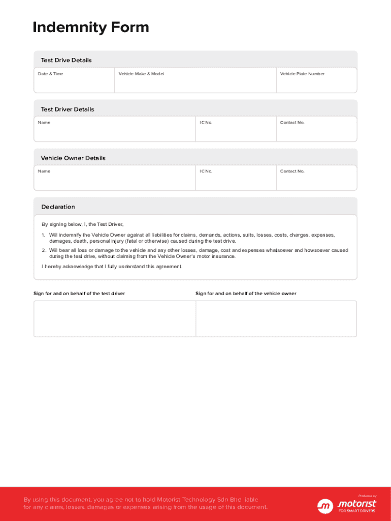 Fillable Online Indemnity Form for Test Drive Fax Email Print - pdfFiller