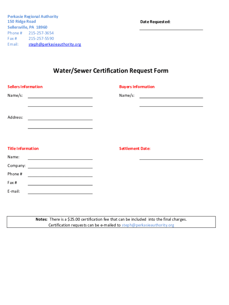 Fillable Online Water/sewer Certification Request Fax Email Print - pdfFiller