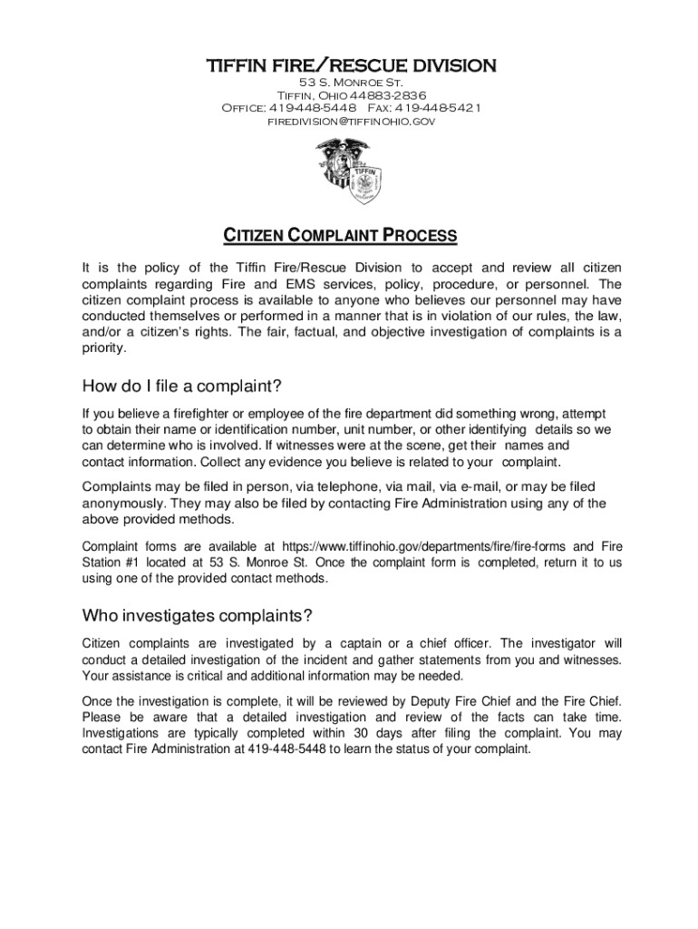 Fillable Online Tiffin Fire/rescue Citizen Complaint Process Fax Email ...