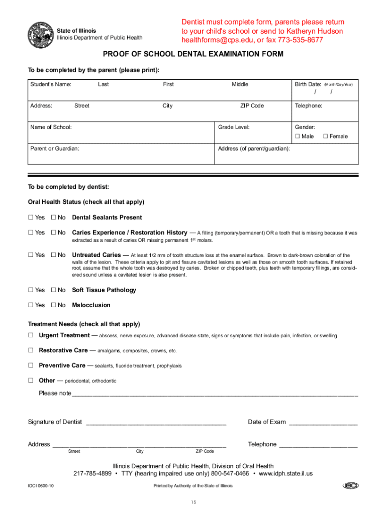 Fillable Online Proof of School Dental Examination Form Fax Email Print ...