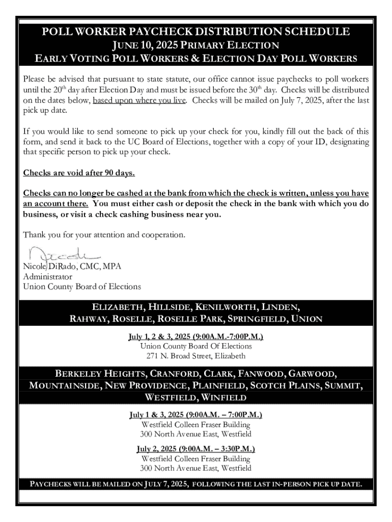 Fillable Online Poll Worker Paycheck Distribution Schedule for June 10 ...