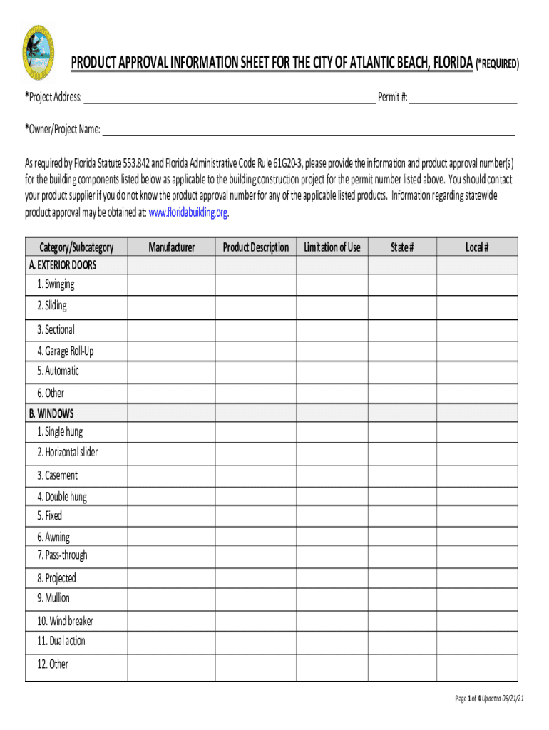 Fillable Online Product Approval Information Sheet for the City of ...