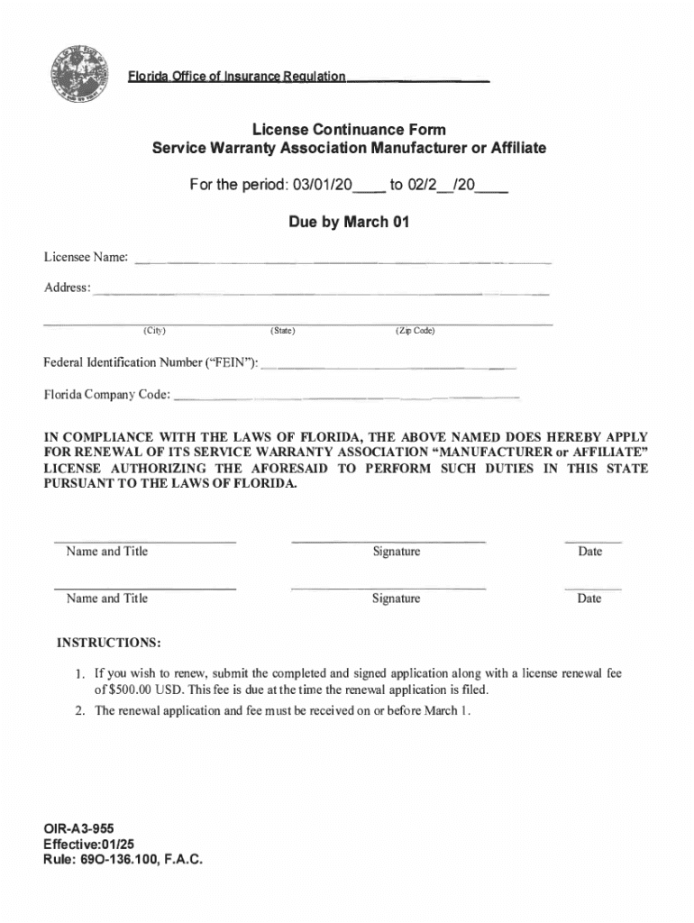 Fillable Online License Continuance Form for Service Warranty ...