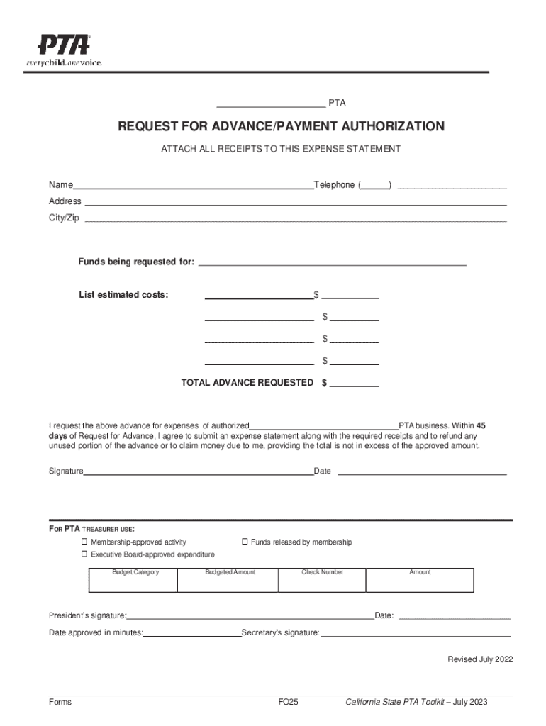 Fillable Online Pta Advance Request Form Fax Email Print - pdfFiller