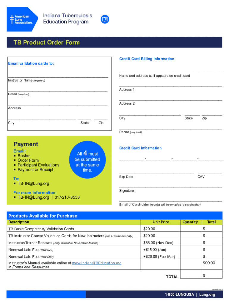 Fillable Online Indiana Tuberculosis Education Program Tb Product Order ...