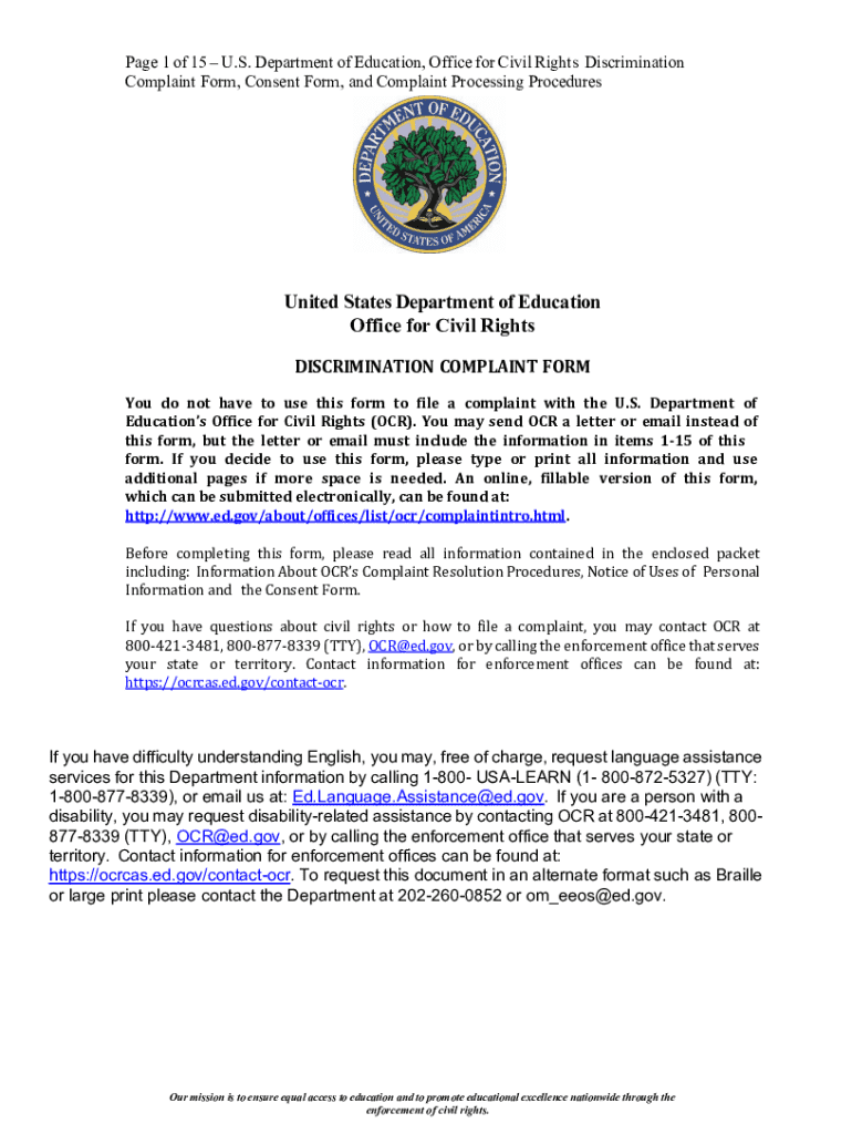 Fillable Online U.s. Department of Education Office for Civil Rights Discrimination Complaint ...