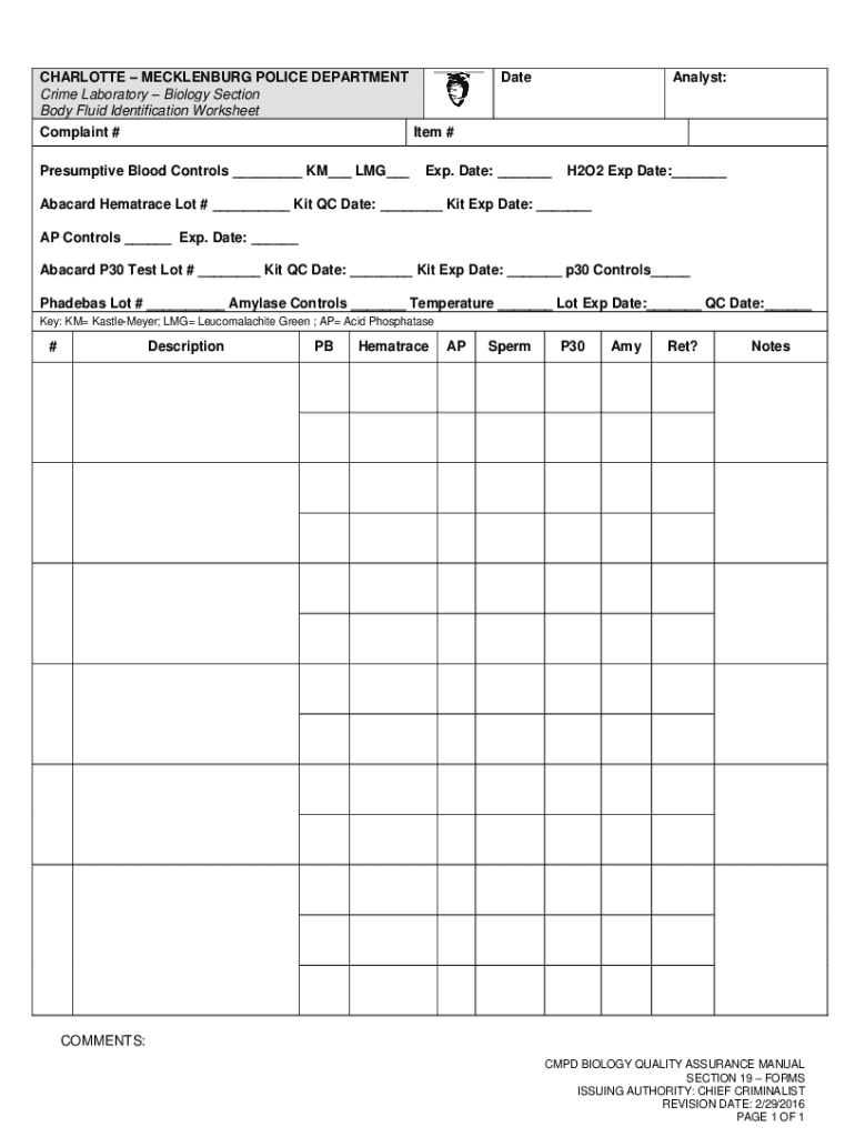 Fillable Online Body Fluid Identification Worksheet Fax Email Print ...