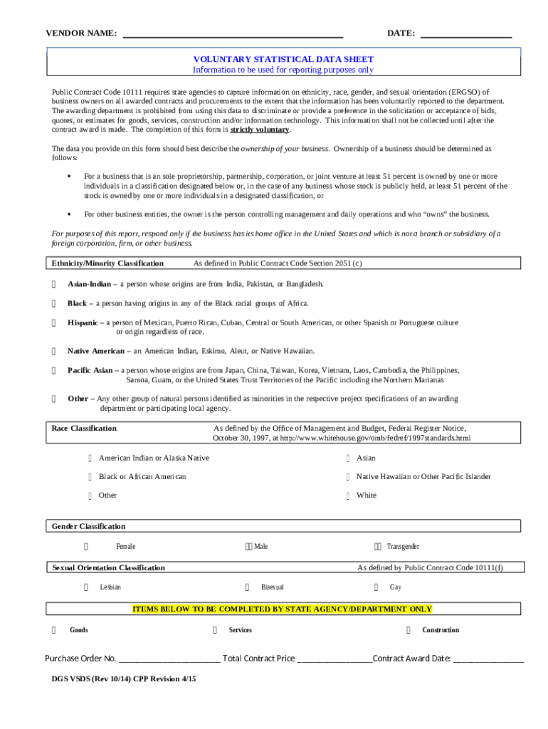 Voluntary Statistical Data Sheet Doc Template | pdfFiller