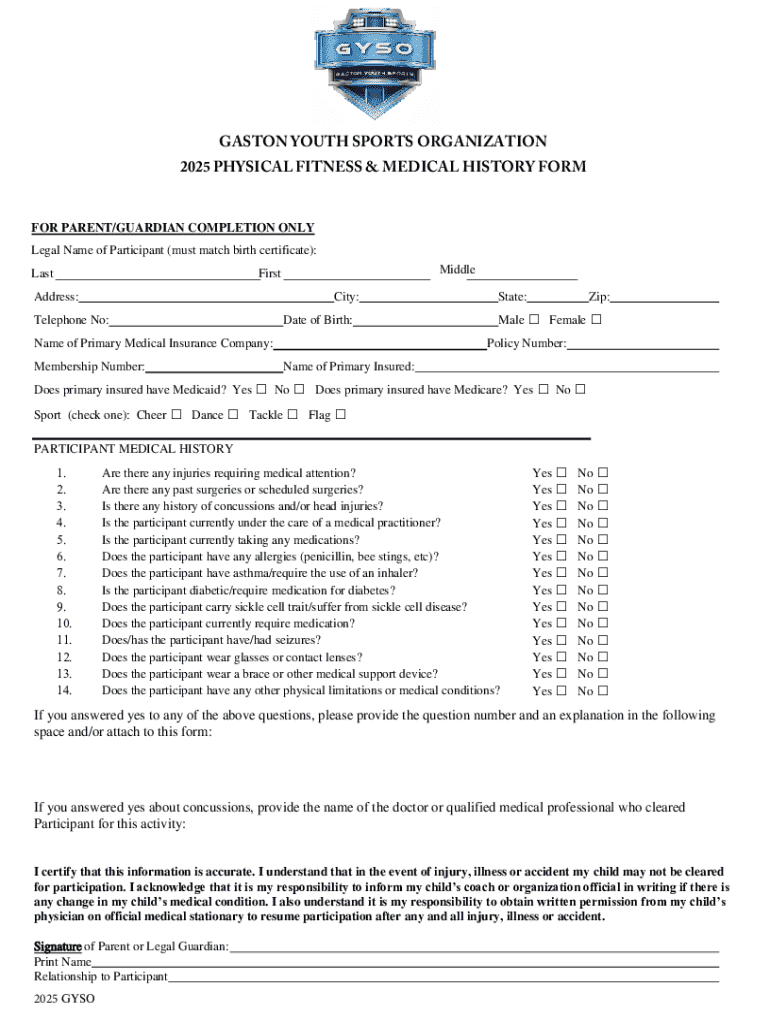 Fillable Online 2025 Physical Fitness & Medical History Form Fax Email ...