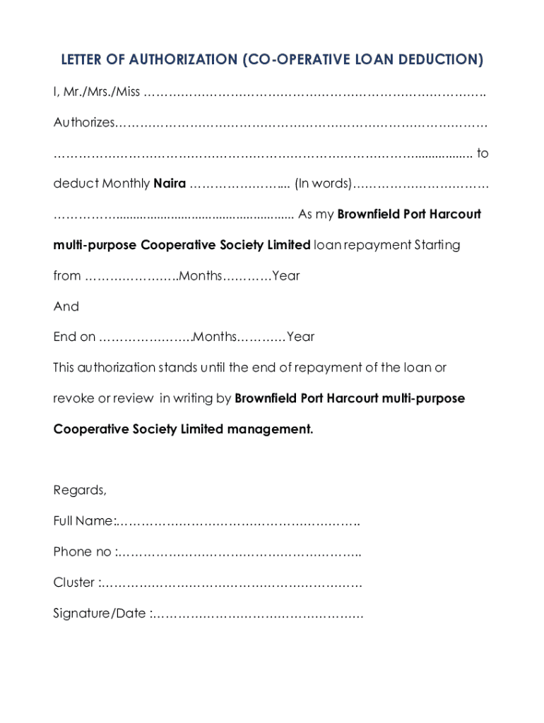 Fillable Online Letter of Authorization for Loan Deduction Fax Email Print - pdfFiller