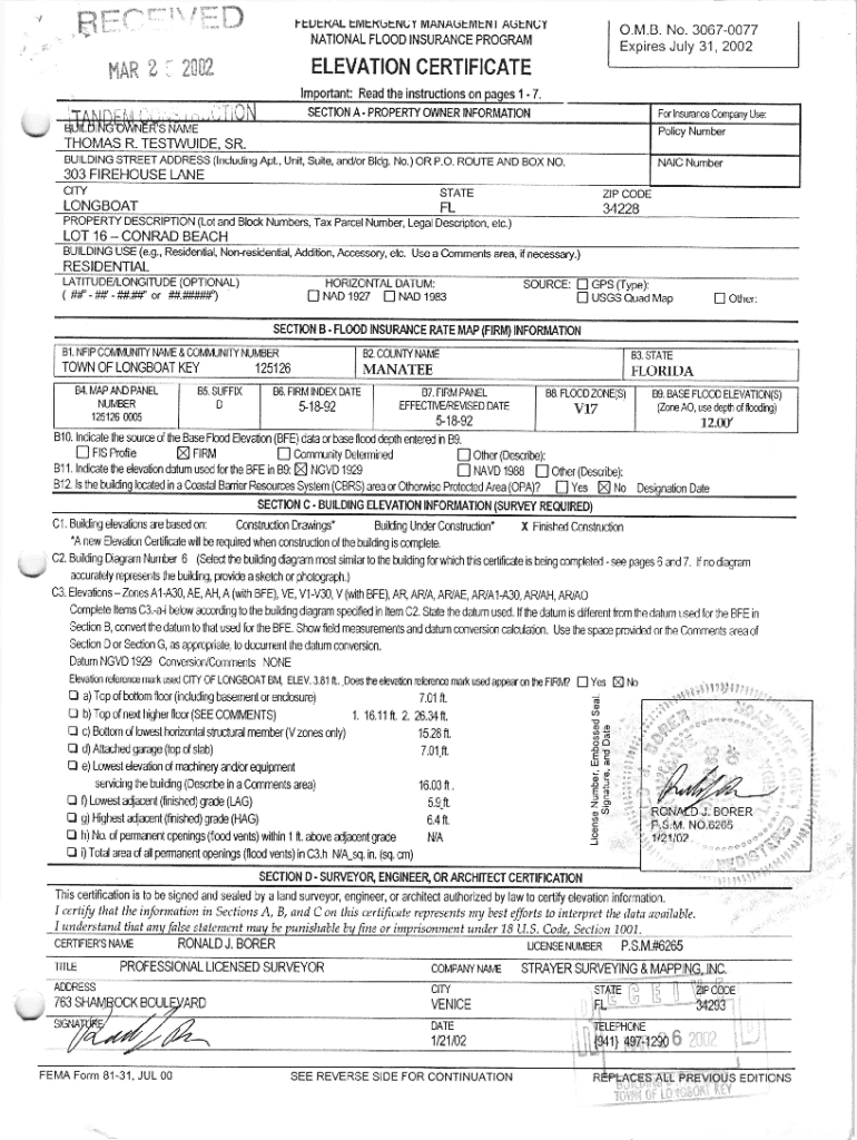 Fillable Online Elevation Certificate for Flood Insurance Fax Email ...