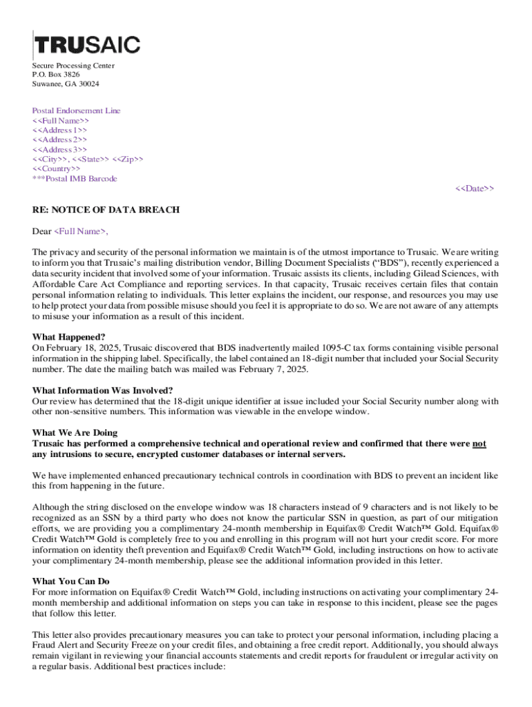 Fillable Online Data Breach Notification Letter Fax Email Print - pdfFiller