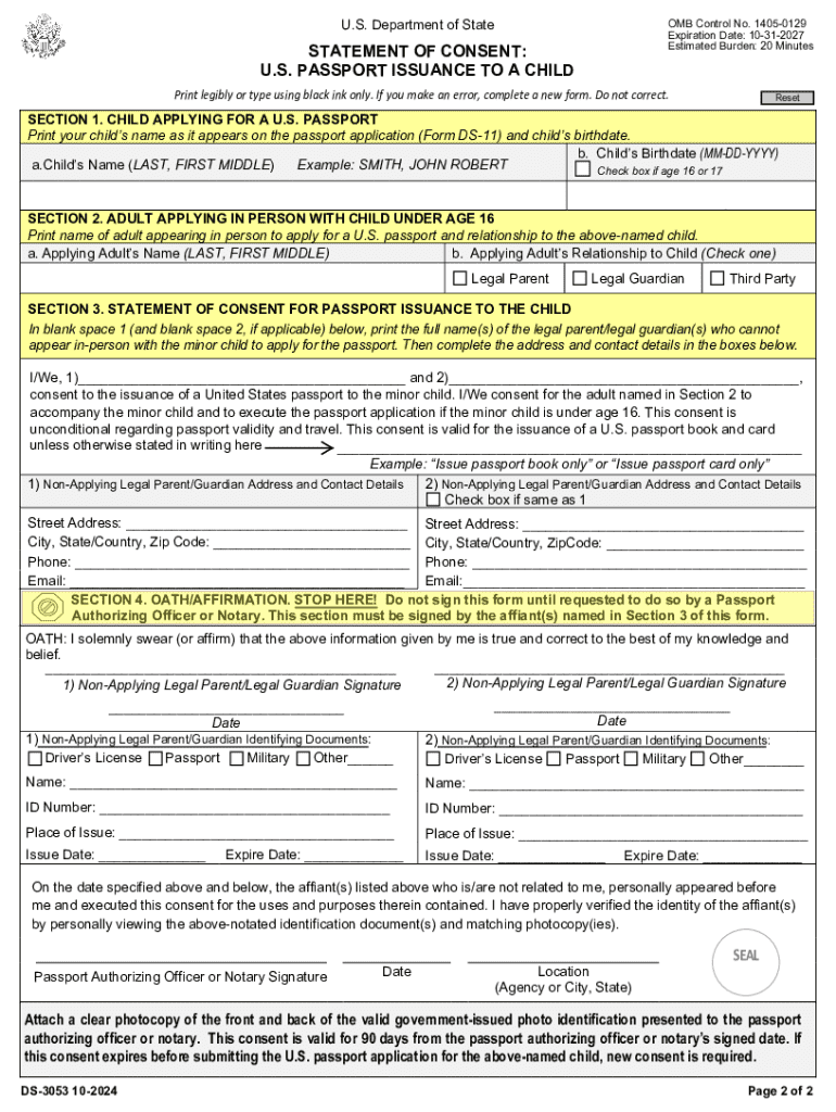 Fillable Online Statement of Consent for U.s. Passport Issuance to a ...
