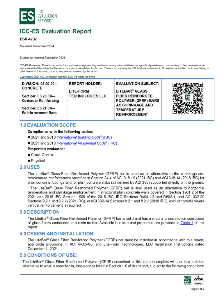 Fillable Online Icc-es Evaluation Report for Litebar® Glass Fiber ...