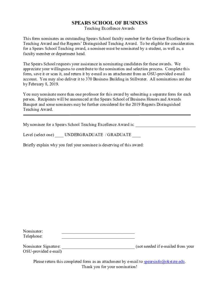 Fillable Online Spears School of Business Teaching Excellence Awards Nomination Fax Email Print ...