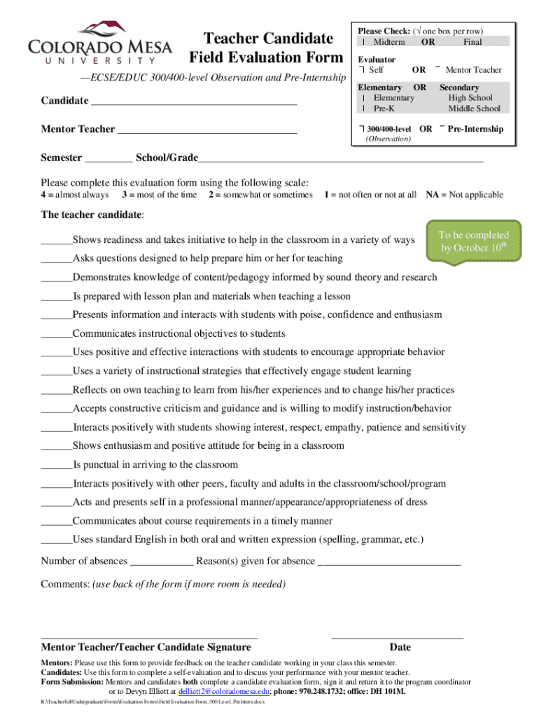 Fillable Online Field Evaluation Form for Teacher Candidates Fax Email ...
