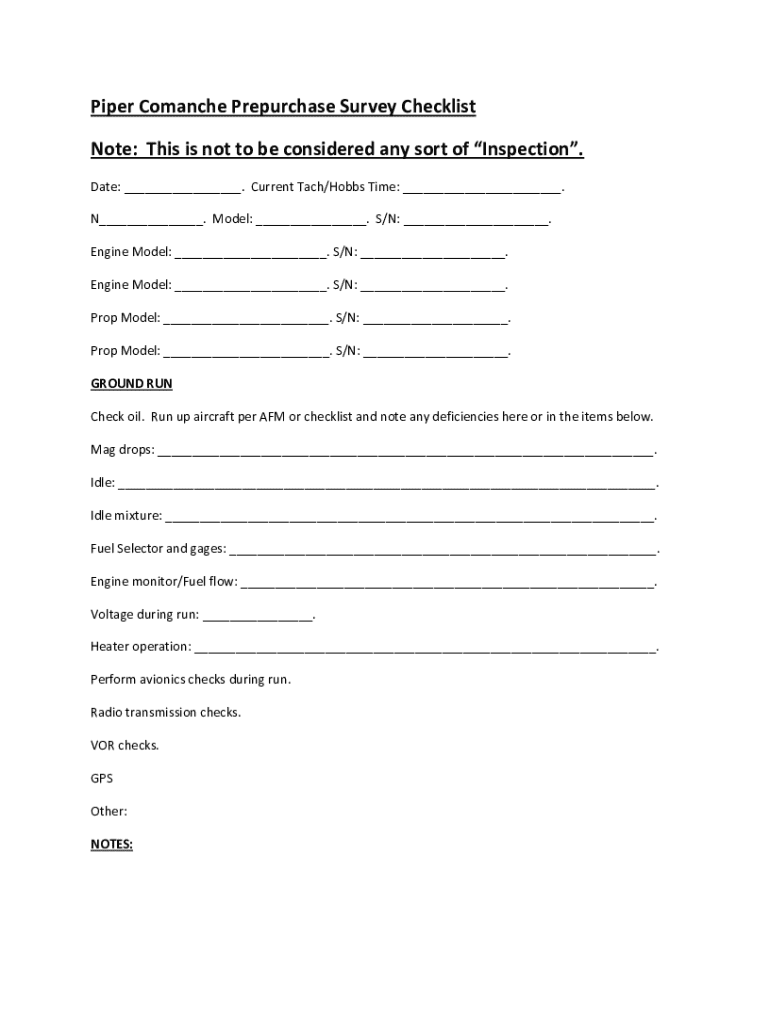 Fillable Online Piper Comanche Prepurchase Survey Checklist Fax Email ...