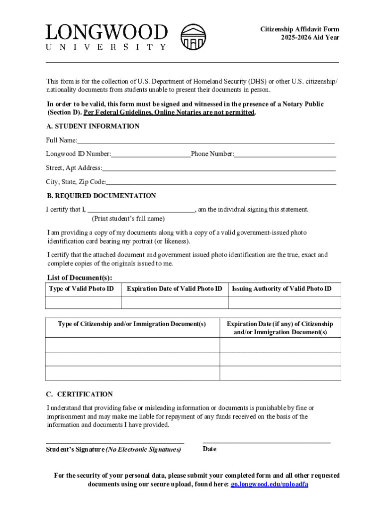 Fillable Online Citizenship Affidavit for the 2025-2026 Aid Year Fax Email Print - pdfFiller