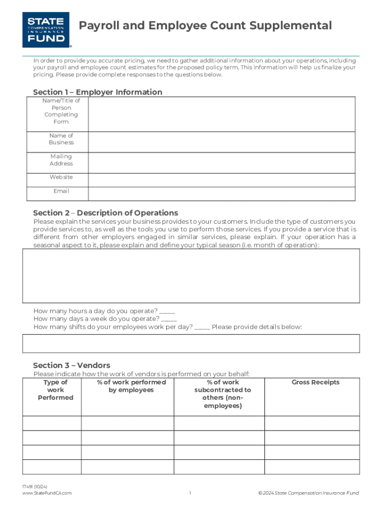 Fillable Online Payroll and Employee Count Supplemental Questionnaire ...