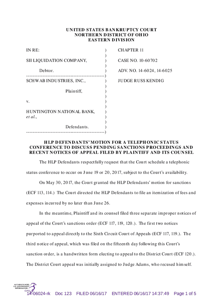 Fillable Online Hlp Defendants’ Motion for a Telephonic Status Conference to Discuss Pending ...