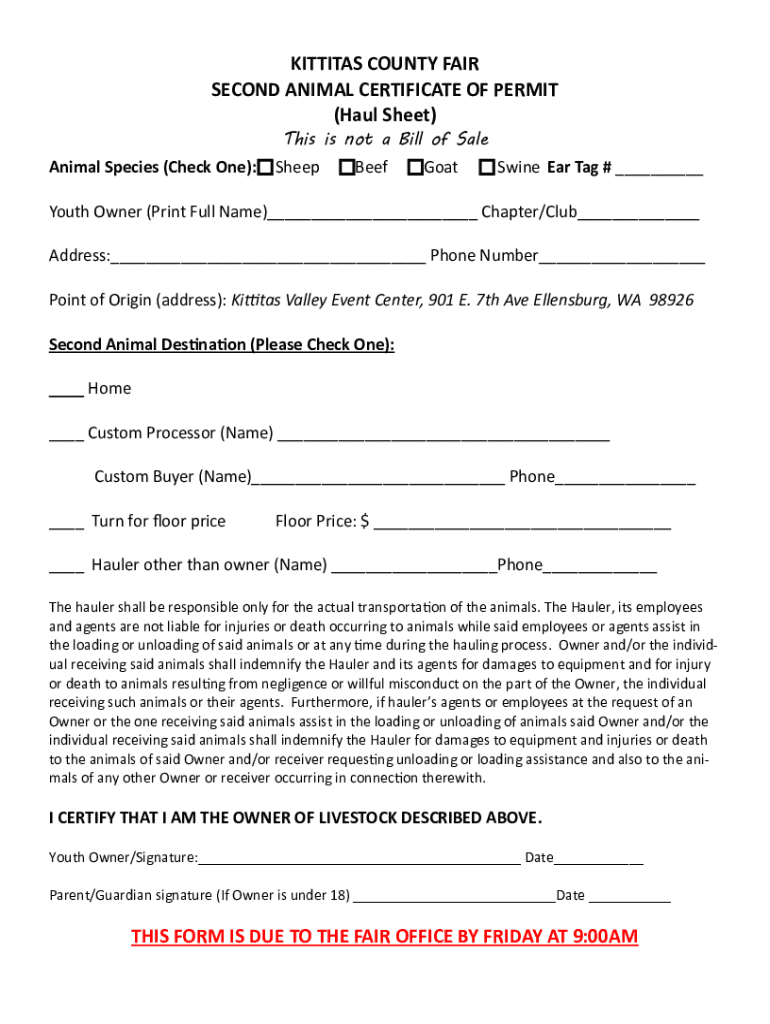 Fillable Online Second Animal Certificate of Permit for Kittitas County Fair Fax Email Print ...