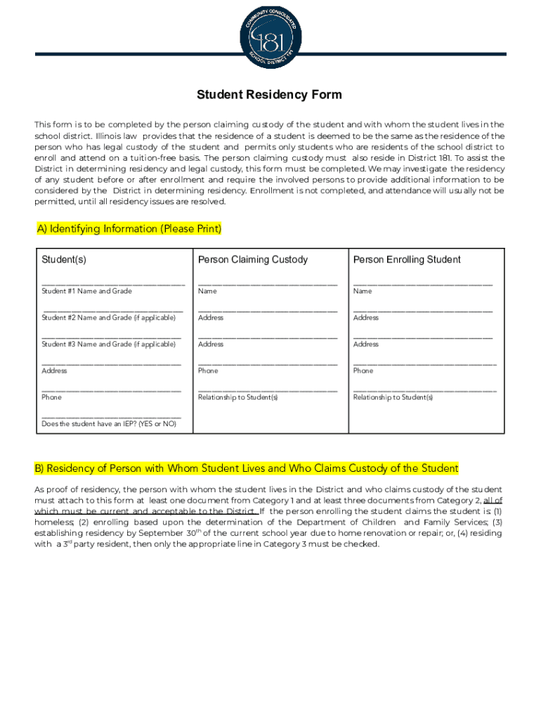 Fillable Online Student Residency Verification for School Enrollment ...
