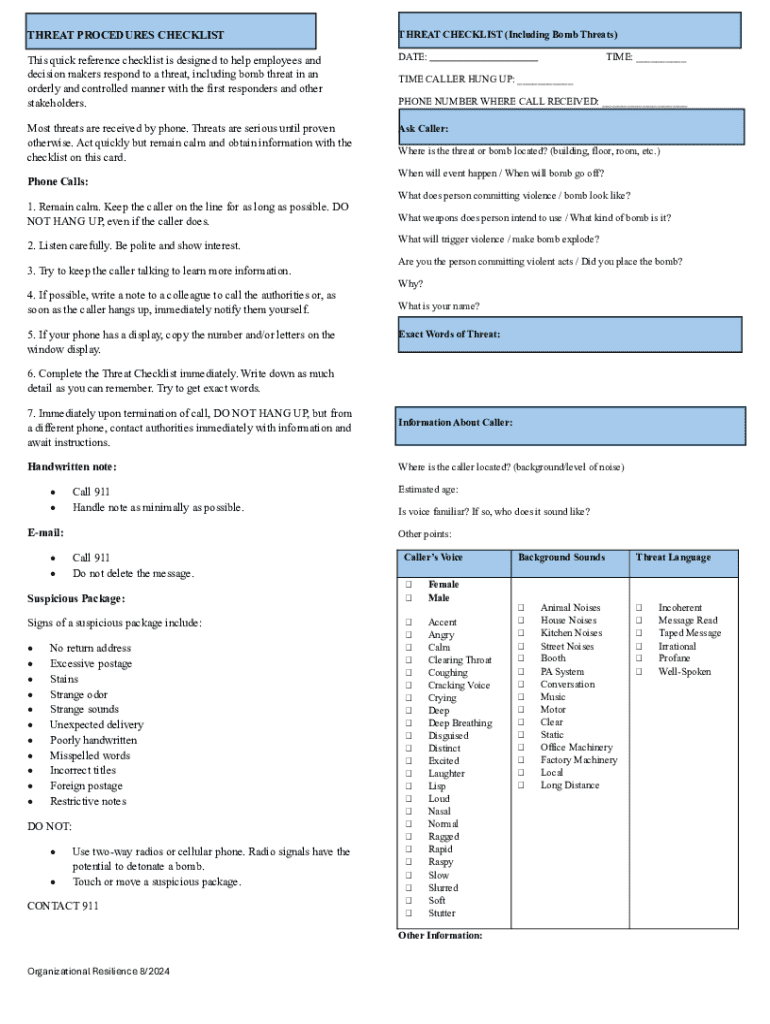 Fillable Online Threat Checklist (including Bomb Threats) Fax Email ...