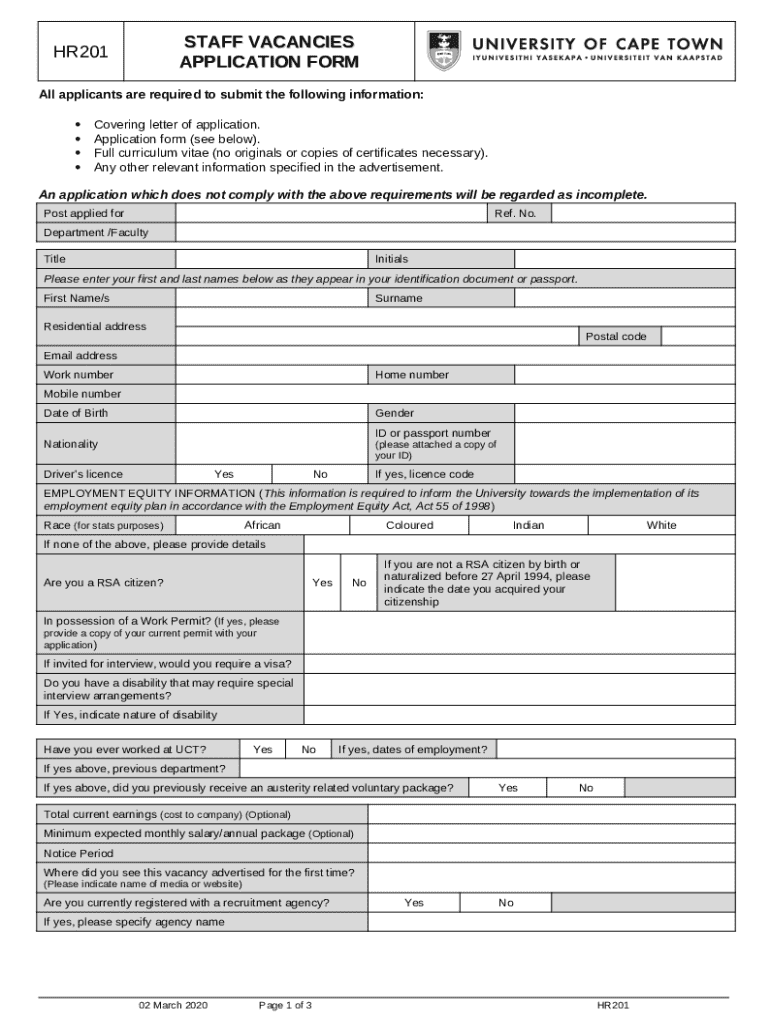 Hr201 Staff Vacancies Application Doc Template | pdfFiller