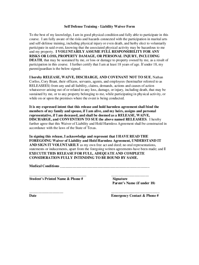 Fillable Online Self Defense Training Liability Waiver Fax Email Print ...