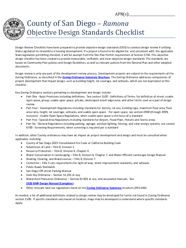 Fillable Online County of San Diego - Ramona Objective Design Standards Checklist Fax Email ...