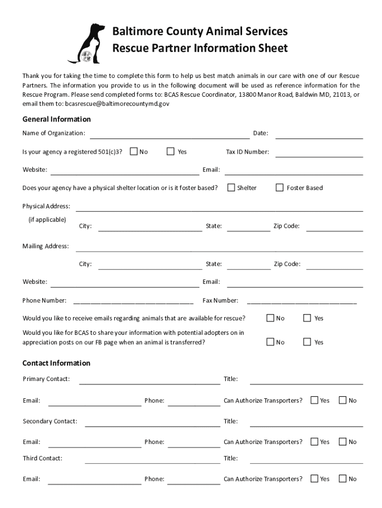 Fillable Online Baltimore County Animal Services Rescue Partner Information Sheet Fax Email ...