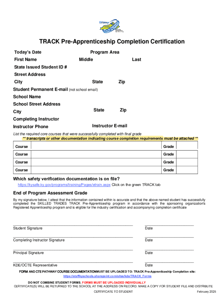 Fillable Online Track Pre-apprenticeship Completion Certification Fax Email Print - pdfFiller