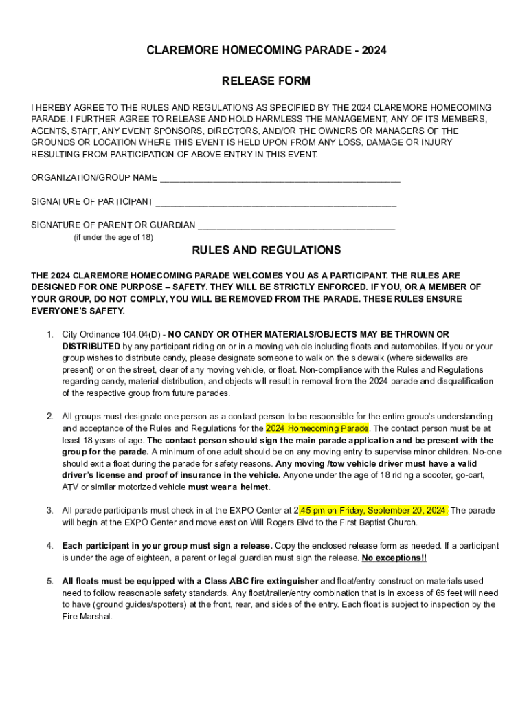 Fillable Online Claremore Homecoming Parade Release Form Fax Email Print - pdfFiller