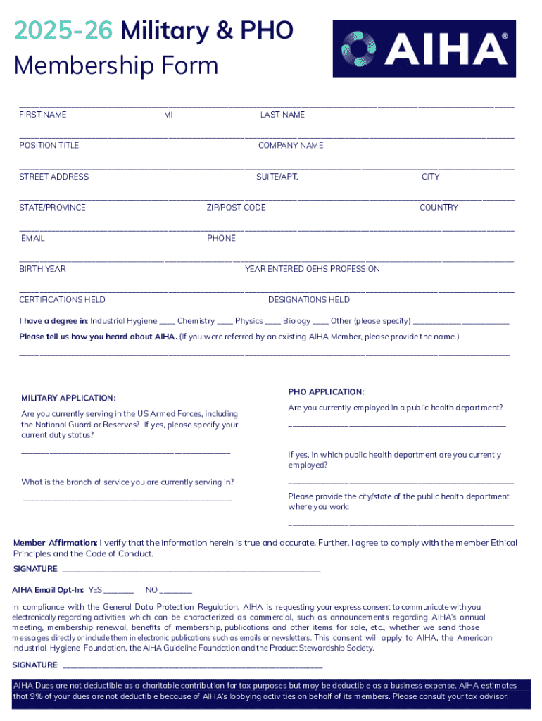 Fillable Online Aiha Military & Public Health Organization Membership ...